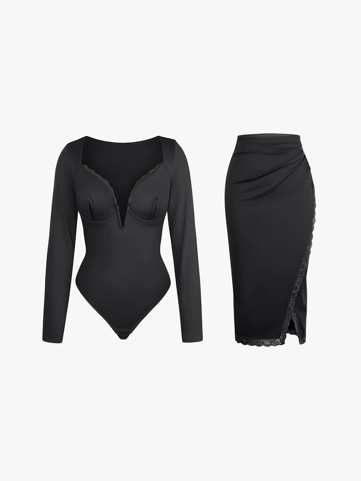 Shapewear Sculpting Lace Trim Bodysuit Midi Wrap Skirt Set – Popilush