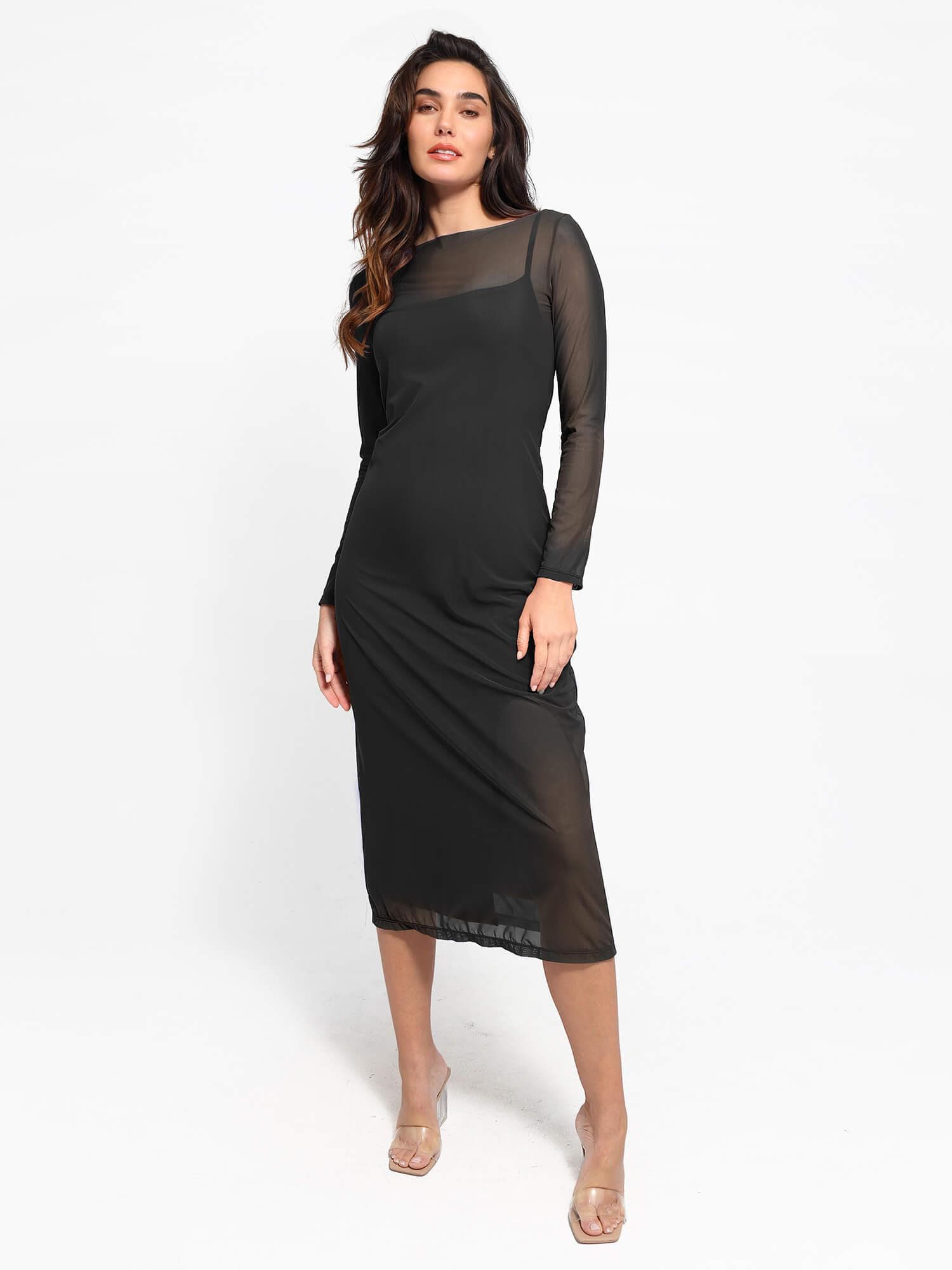 Shapewear Slimming Midi Dress and Sheer Mesh Overlay Set – Popilush®