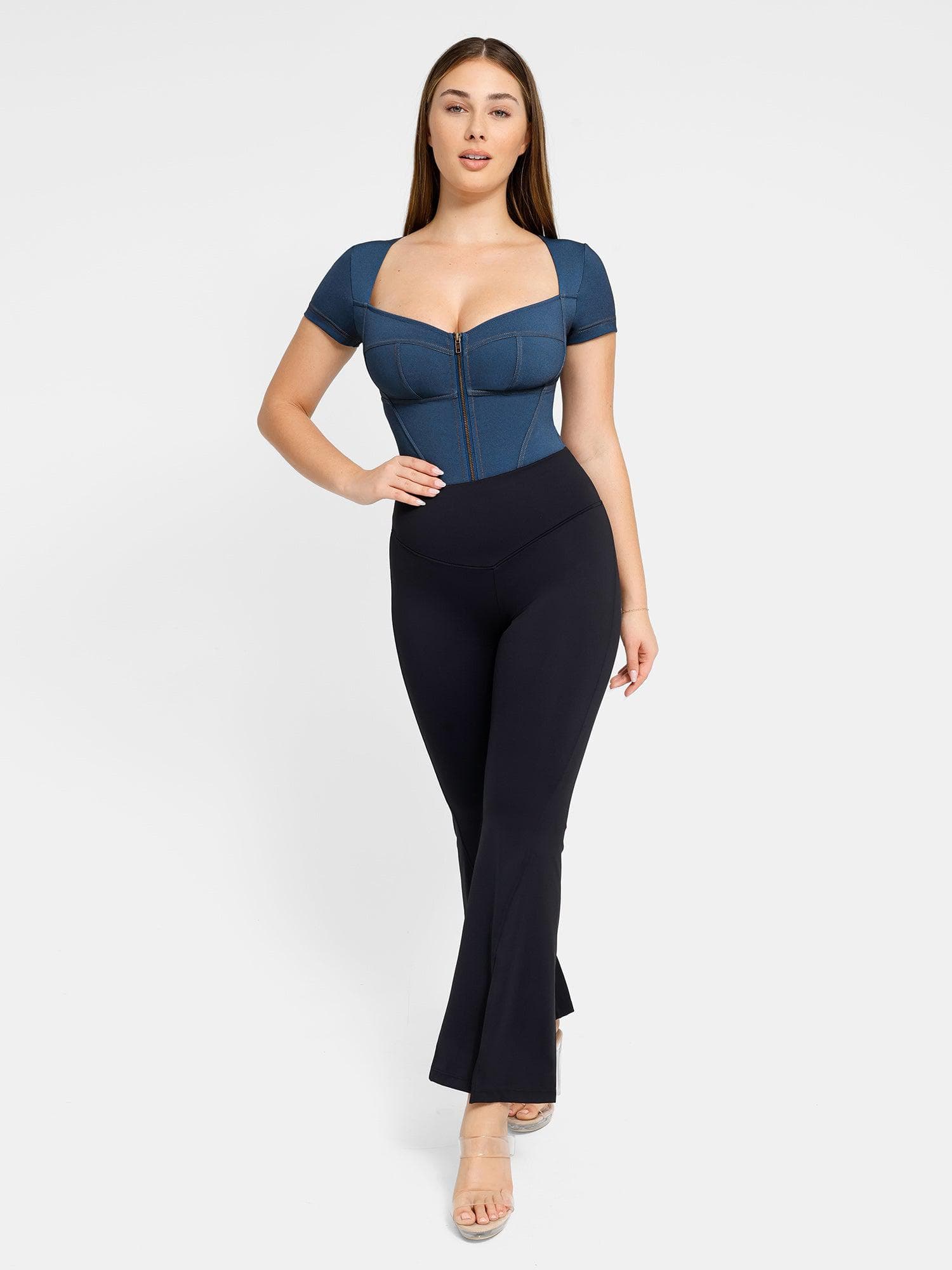 Shapewear Denim Short Sleeve Zip Front Slimming Bodysuit – Popilush®