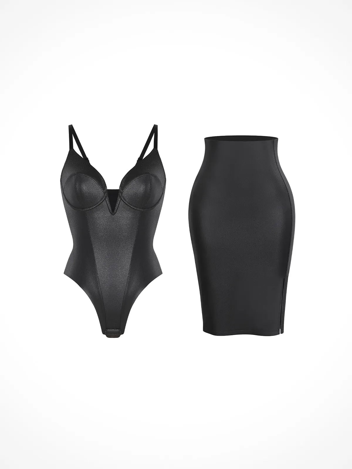 Shapewear Deep V-Neck Leather Bodysuit Slit Midi Skirt Set – Popilush