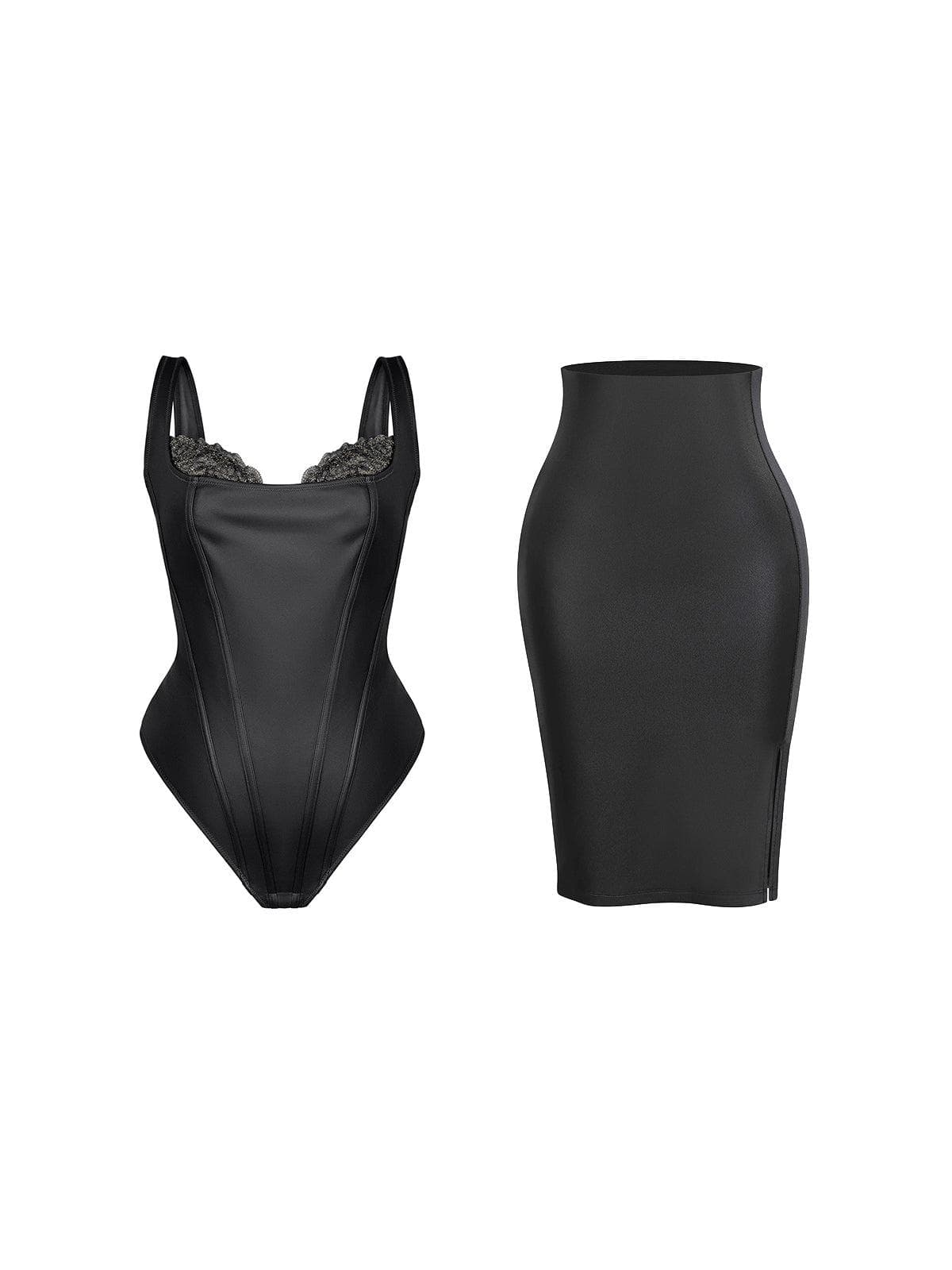 Faux Leather Lace Bodysuit & Skirt | Shapewear Lift – Popilush